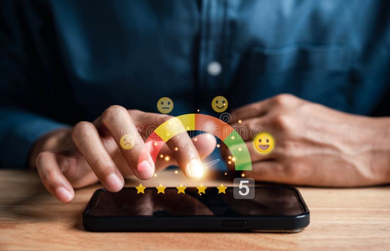 Customer Satisfaction Concept. Businessman Touching To Giving 5 Stars ...