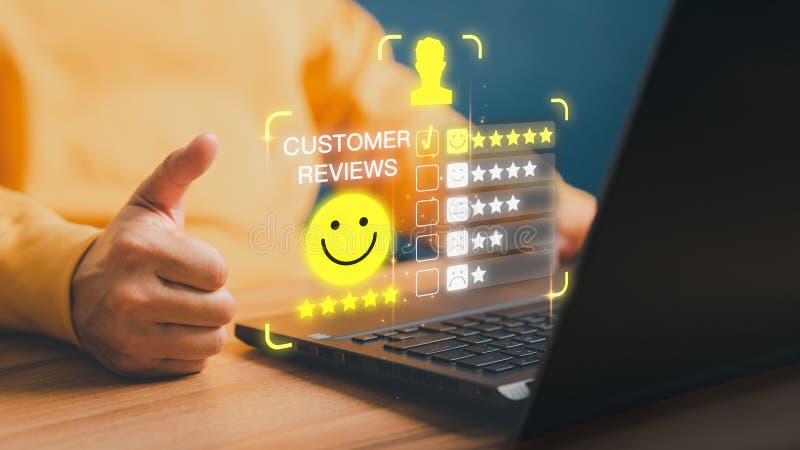 User Hand Using a Computer Laptop with Pop Up Smiley Face and Five Star ...