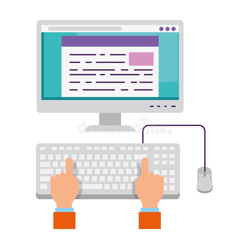 Hands with Desktop Computer and Icons Stock Vector - Illustration of ...