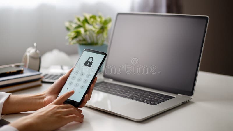 User Holding Mobile Phone and Pressing Password on the Screen To Log in ...