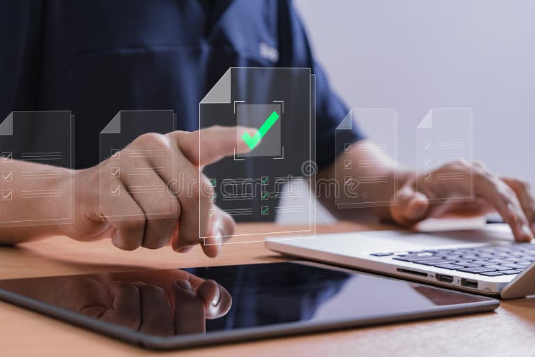 User Interacting with Digital Document Approval Checklist on Touchscreen Interface, Representing ...