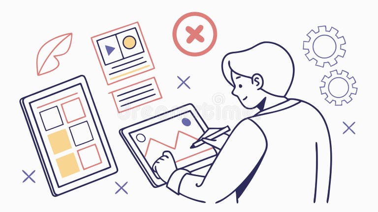 User Interacting with Digital Tablet Interface, Vector Design ...