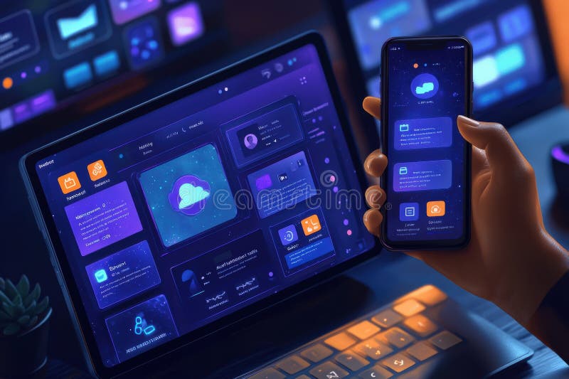 User Interacting with a Futuristic App on Smartphone and Tablet Screens ...