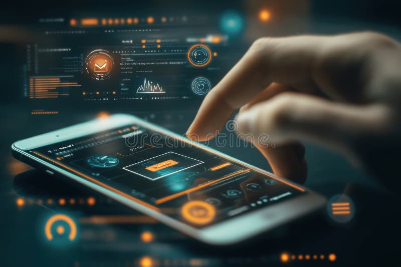 User Interacting with a Smartphone Displaying Advanced Digital ...