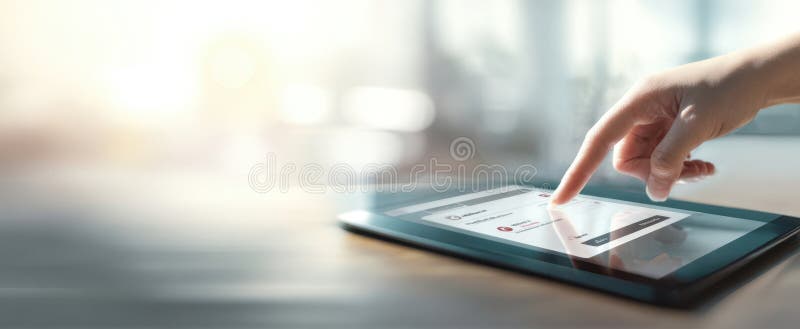 The User Interacting with a Tablet Screen in a Modern Workspace Setting ...