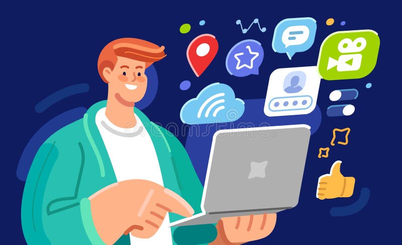 User Interacts with Applications on Laptop. Young Man Using Modern ...