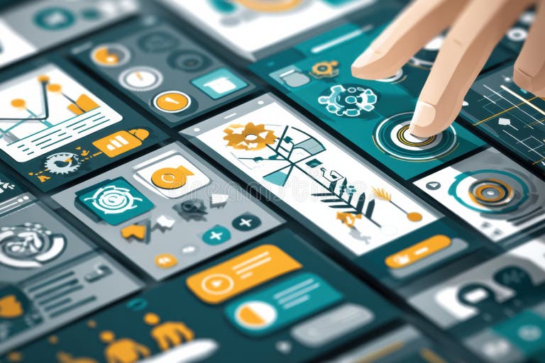 User Interacts with a Stylized App Interface on a Smartphone Highlighting Various Digital ...