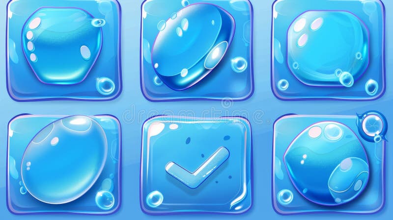 User Interface Design Element from Water with Bubbles, Check Box, Play ...