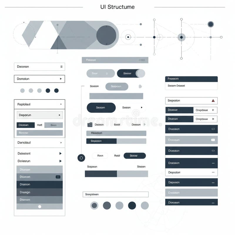 User Interface Design Elements Presented in a Layout Featuring Buttons, Sliders, and Stock ...