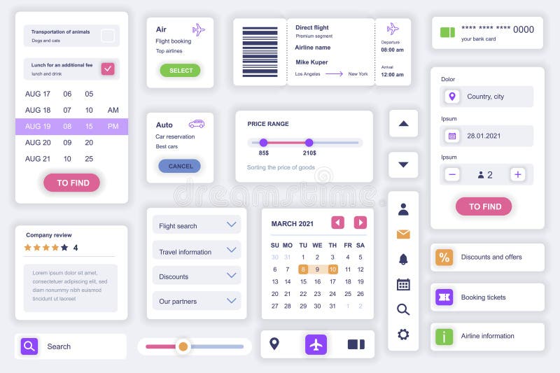 User Interface Elements Set for Booking Mobile App. Kit Template with ...