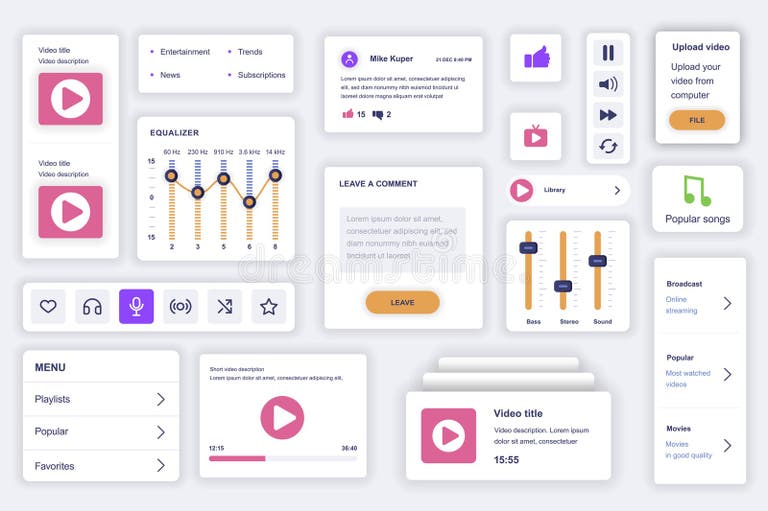 User Interface Elements Set for Video Tube Mobile App. Kit Template ...