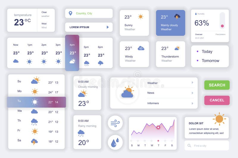 User Interface Elements Set for Weather Mobile App. Kit Template with ...