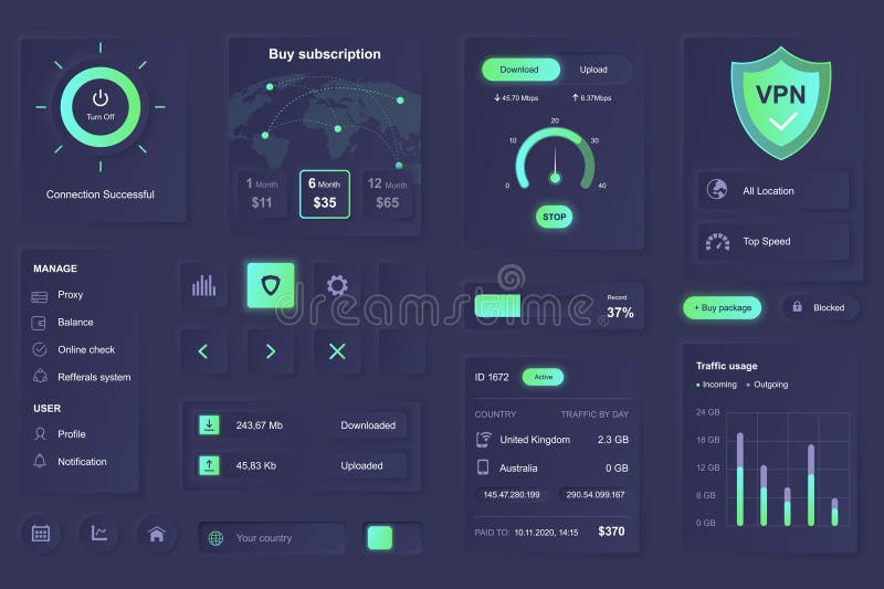 User Interface Elements for VPN Service Mobile App. Unique Neumorphic ...