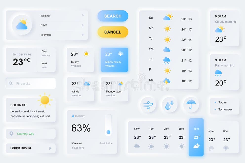 User Interface Elements For Weather Forecast Mobile App Unique Neumorphic Design Ui Ux Gui