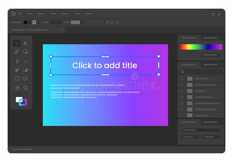 User Interface for a Graphic Design Software Dark Theme Workspace and Various Toolbars Suggest a ...