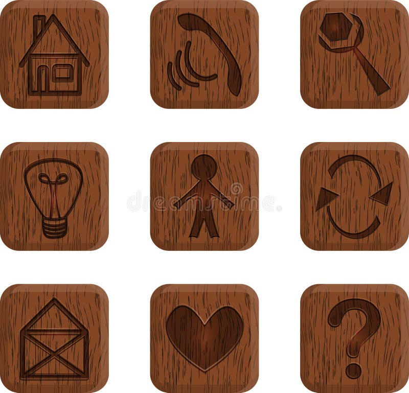 User Interface Icon Pack with Symbols on Wood Grain Texture Stock ...