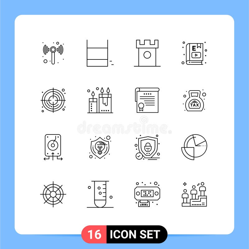 User Interface Pack of 16 Basic Outlines of Target, Learning, Castle, Education, E Book Stock ...