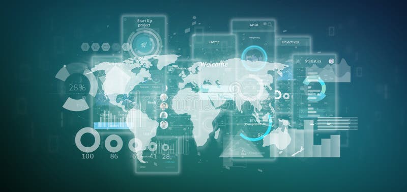 User Interface Screens with Icon, Stats and Data 3d Rendering Stock ...