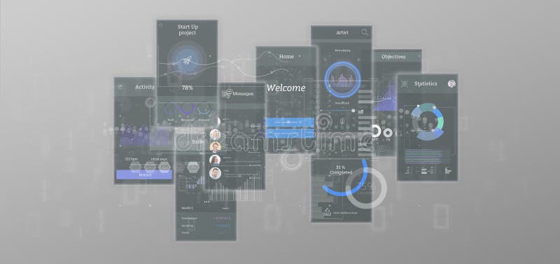 User Interface Screens with Icon, Stats and Data 3d Rendering Stock ...