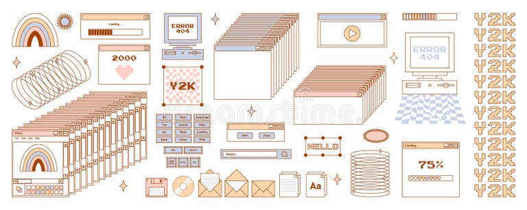 User Interface Y2k Stickers. Retro Icon Browser, Buttons, Screen Computer, Folder, File ...