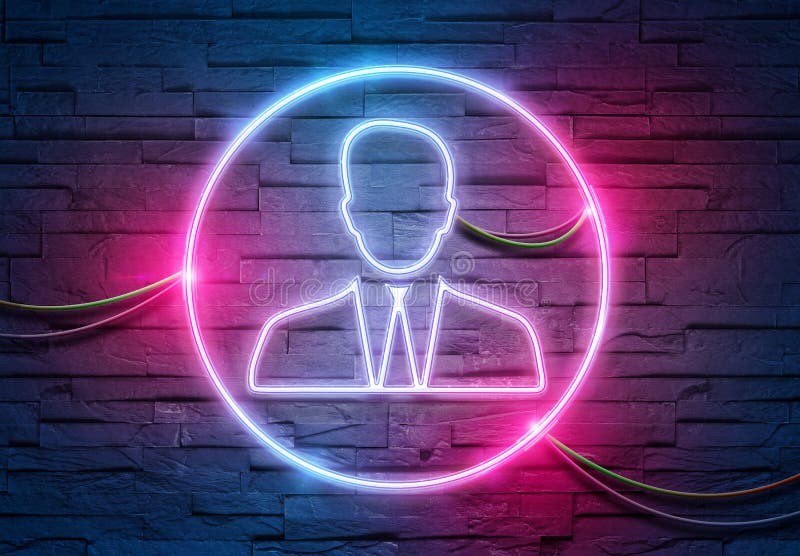 User Neon Icon Illuminating a Brick Wall with Blue and Pink Glowing ...