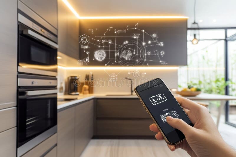 Modern Kitchen Smart Technology Showcasing Smartphone Countertop Stock ...