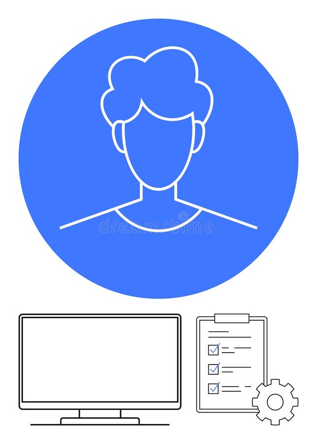 User Profile Icon with Computer Monitor, Checklist, and Gear on Blue ...