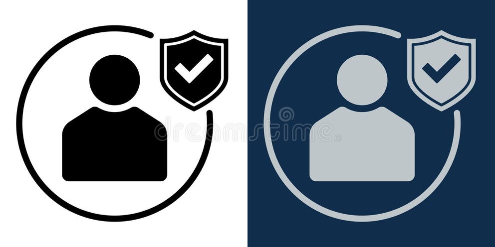 User Profile Verification Icon with Shield and Check Mark in Black and ...