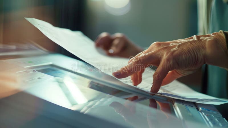A User is Scanning Documents on the Flatbed Scanner Their Hand Guiding ...