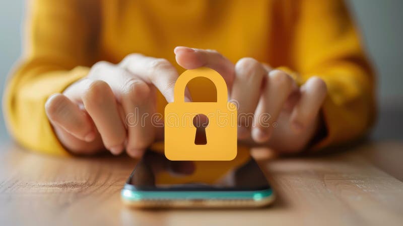A User Secures Their Data by Touching a Padlock Icon on a Smartphone ...