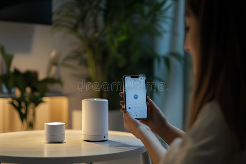 User Setting Up a Smart Home Network with IoT Devices through a Mobile App. the Scene Has Soft ...