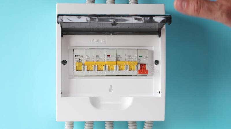 User Switches Circuit Breaker of Fuse Box in Distribution Panel of ...
