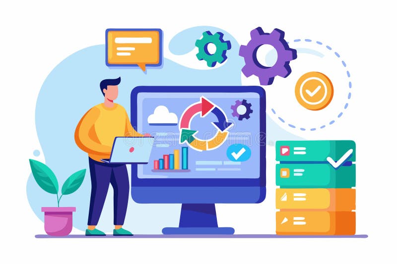 A User Syncs and Installs Software on a Laptop while Analyzing Data ...