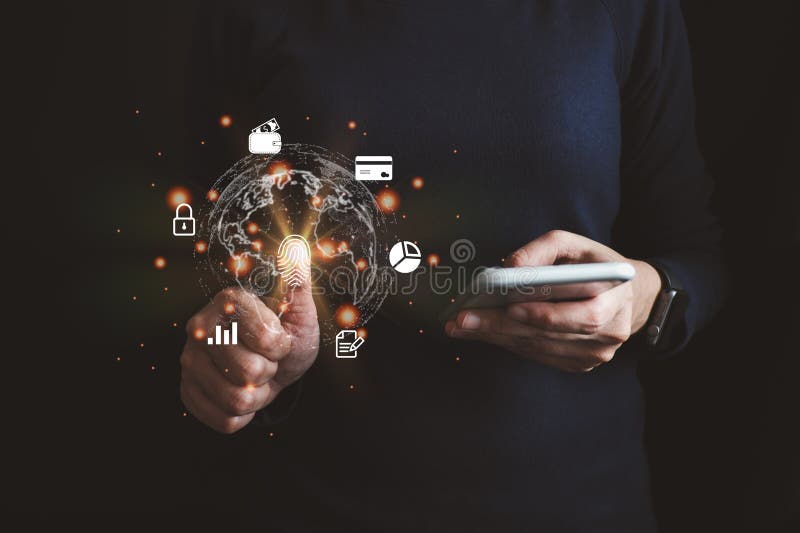 User Touching Screen To Fingerprint Scanner, Security Access ...