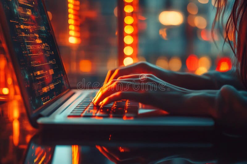 A User is Typing on Their Laptop, with Orange Folder Icons and Digital ...