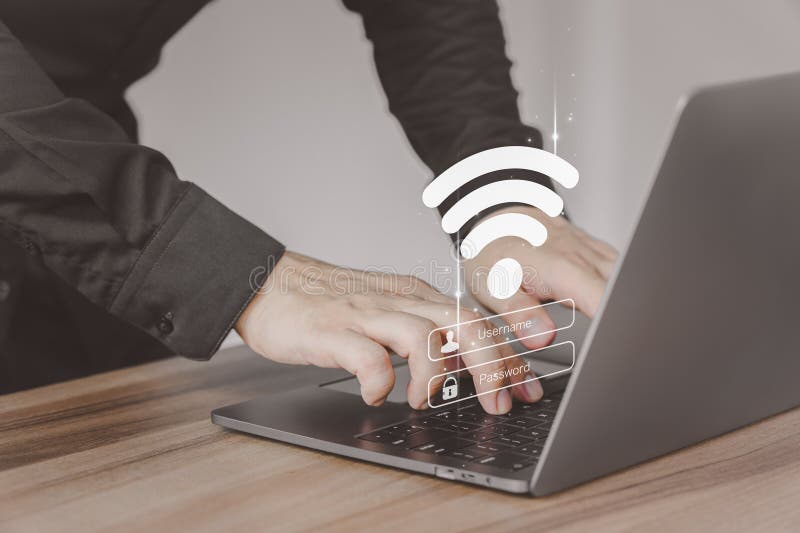 User Use A Computer Laptop For A Login Password To Wifi But Wifi Is Not Connected Stock Image