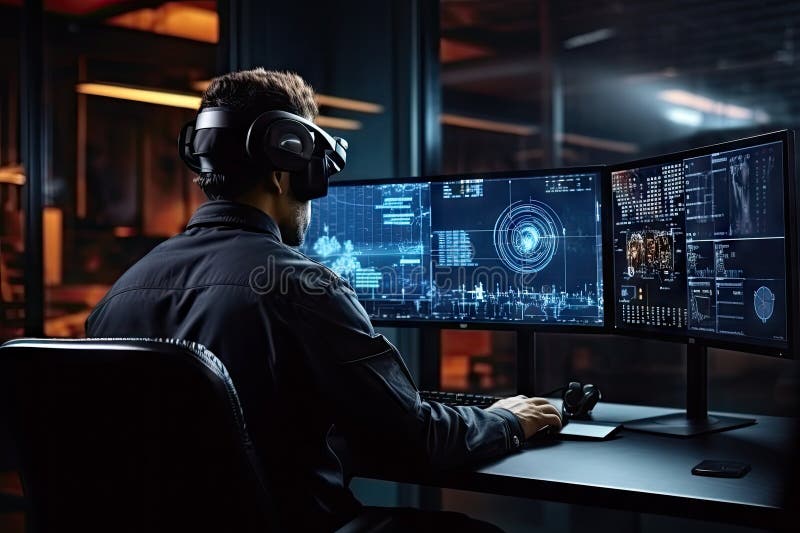 The User Wears a VR Headset, he is Interacting with a Virtual Reality ...