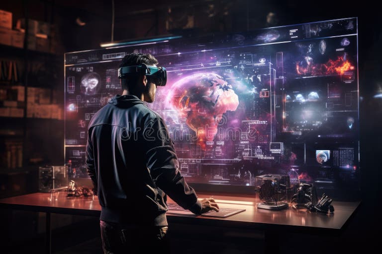 The User Wears a VR Headset, he is Interacting with a Virtual Reality ...