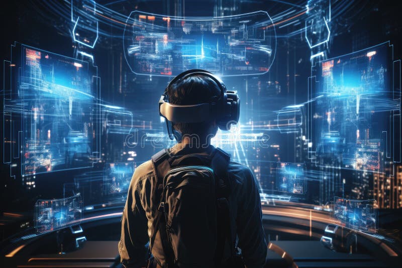 The User Wears a VR Headset, he is Interacting with a Virtual Reality ...