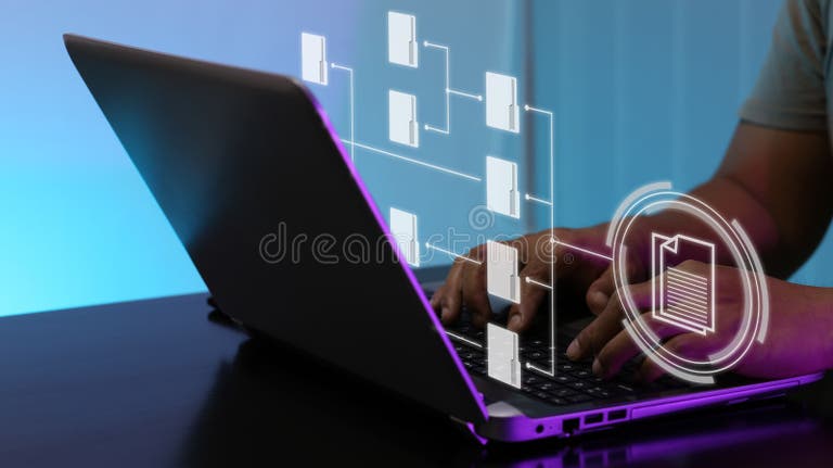 User Working on Laptop with Virtual Screen of Document Management ...
