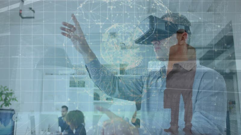 Using Animation, Man in Office with Virtual Reality Headset and Digital ...