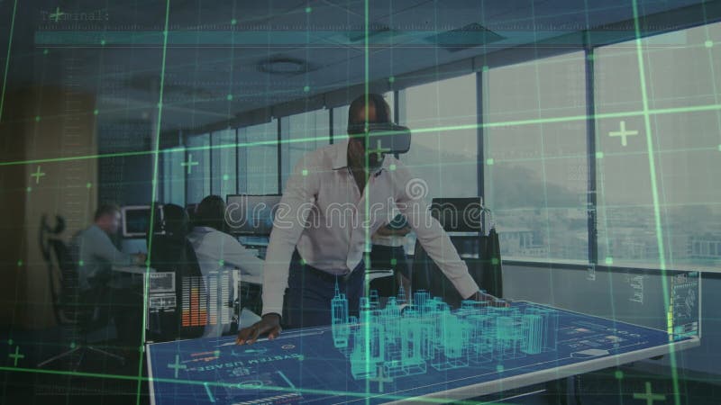 Using Animation, Man in VR Headset Interacting with Digital Blueprint ...