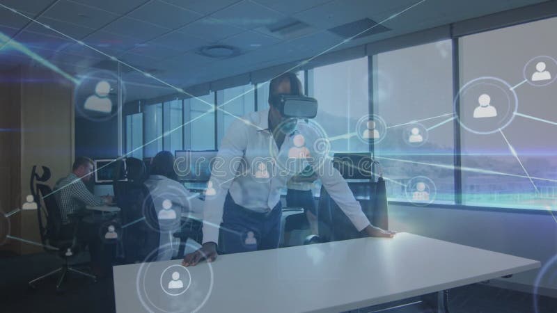 Using Animation, Person with VR Headset Exploring Digital Network in ...