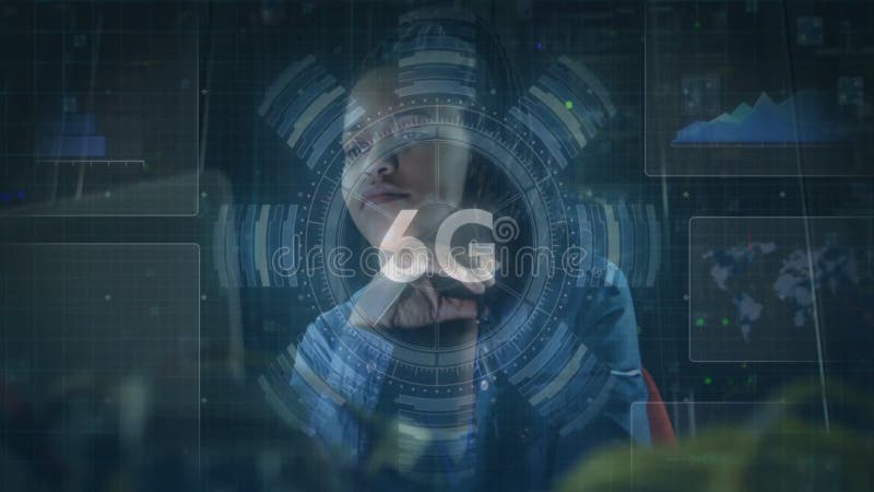 Using Animation, Person Working at Computer with Futuristic 6G ...