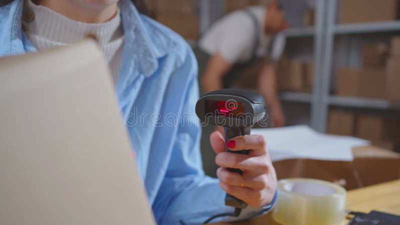 Using Barcode Scanners for Warehouse Inventory Close Up Stock Video ...