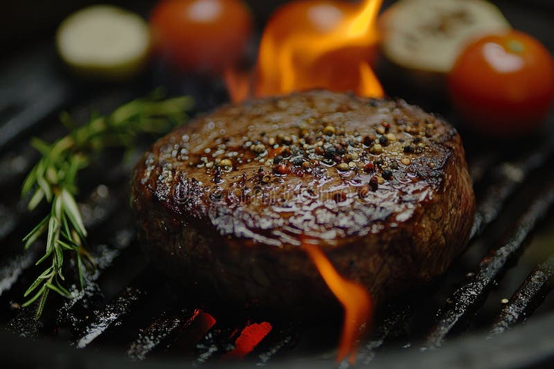 Using a BBQ Grill with Flames, Cooking Juicy Delicious Beef Meat on ...