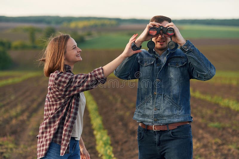 Using Binoculars Lovely Beautiful Couple Together Agricultural Field ...