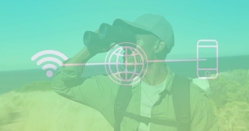 Using Binoculars, Man Viewing Digital Connectivity Icons in Animation ...