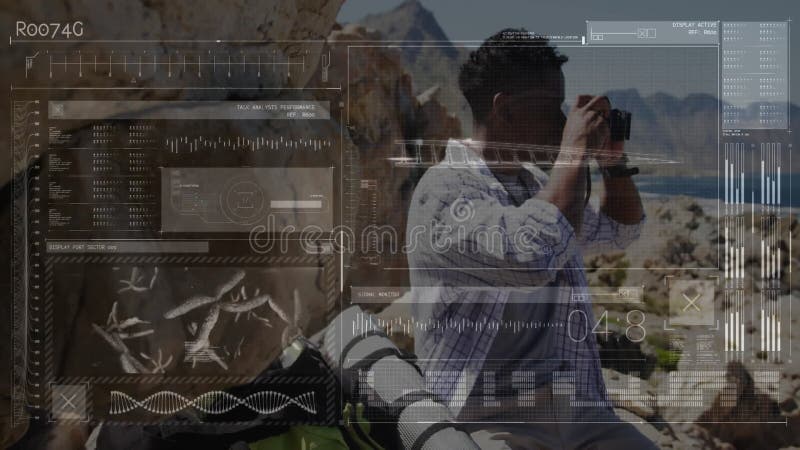 Using Binoculars, Man Viewing with Digital Data Processing Animation ...