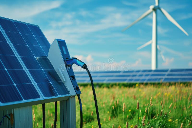 Using of Charge Station, Solar Panel and Windmill Background ...